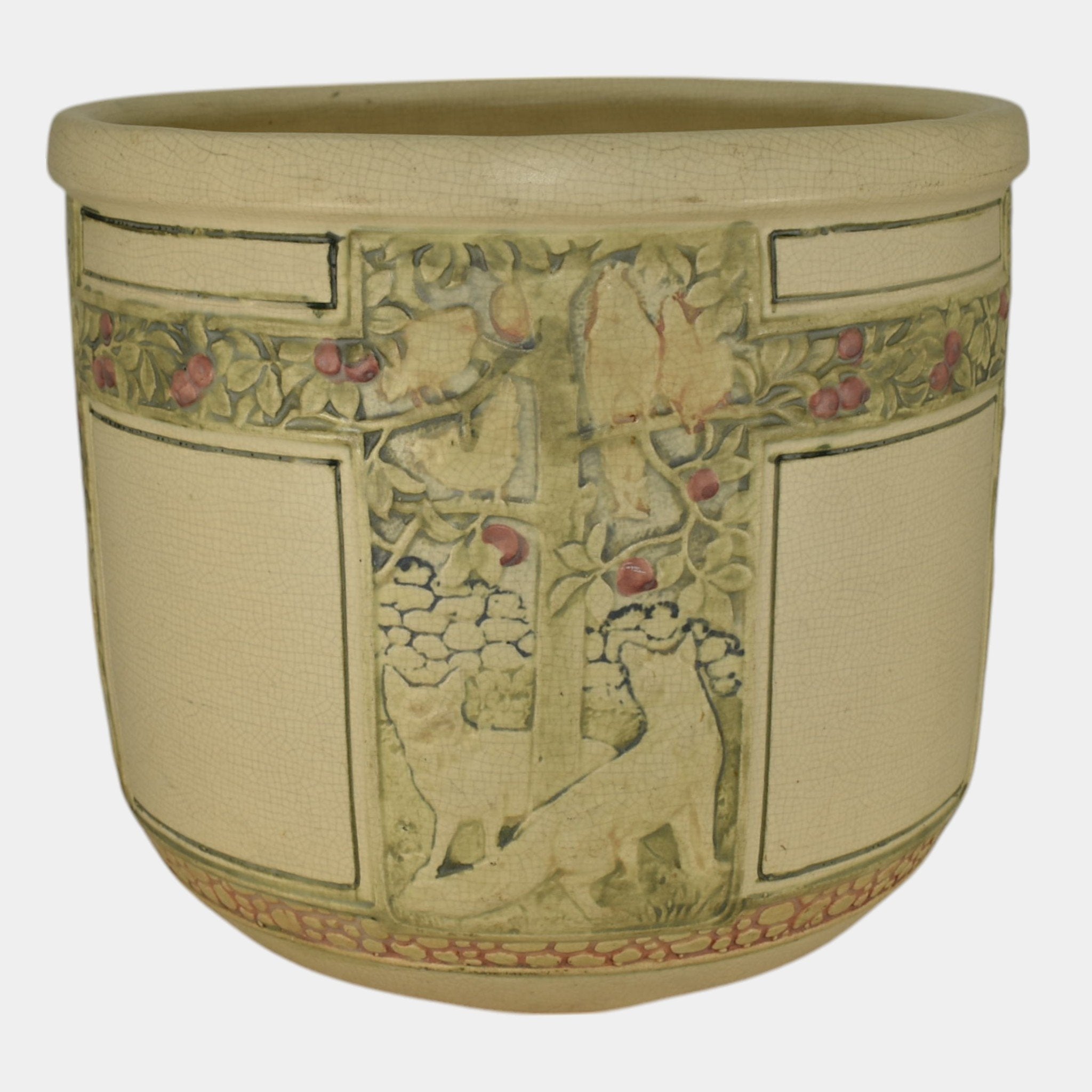 Weller Woodcraft Flemish Creamware Pottery Foxes Chickens Jardiniere P ...