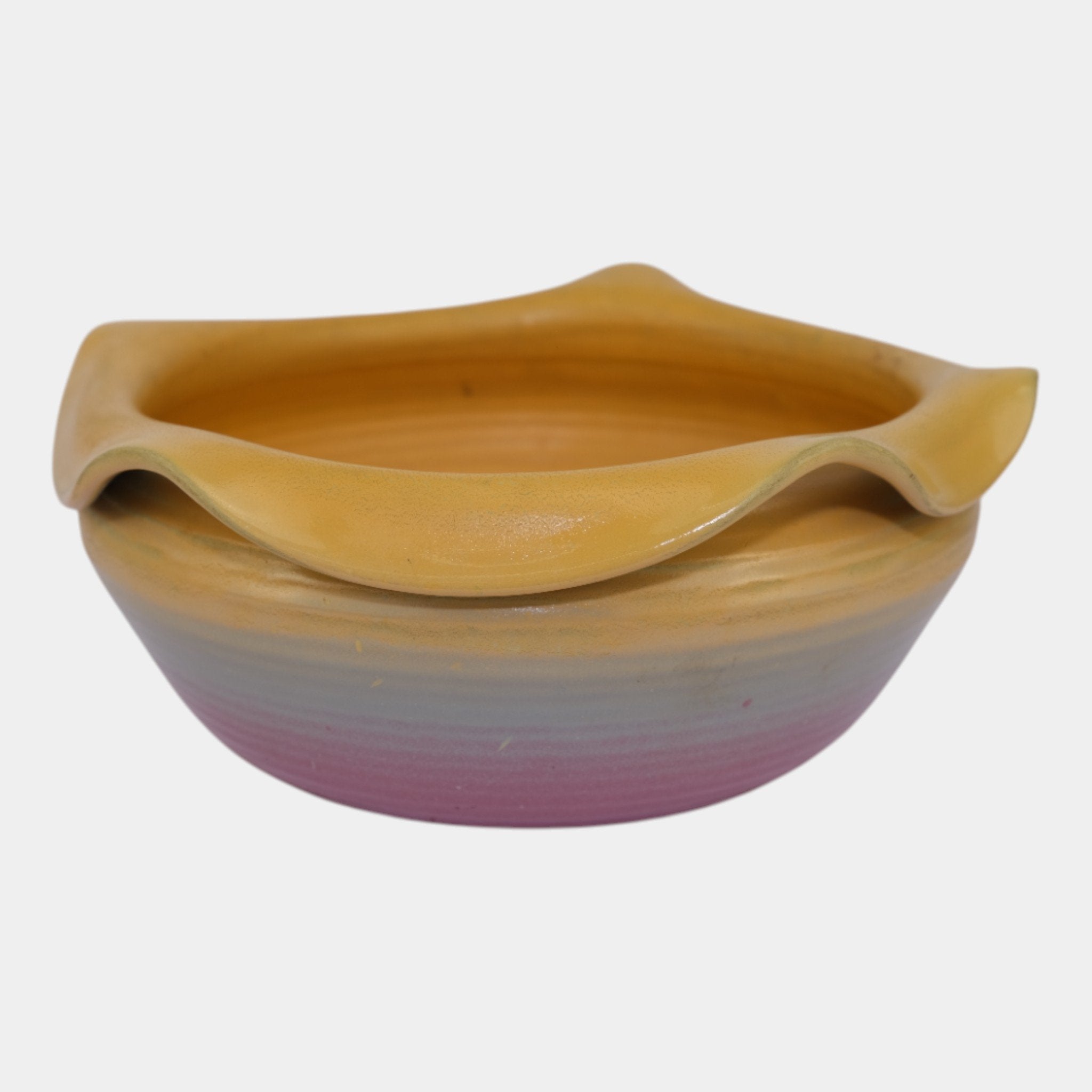 Weller Velvetone 1920s Vintage Art Pottery Yellow Pink Ruffled Rim Cer ...