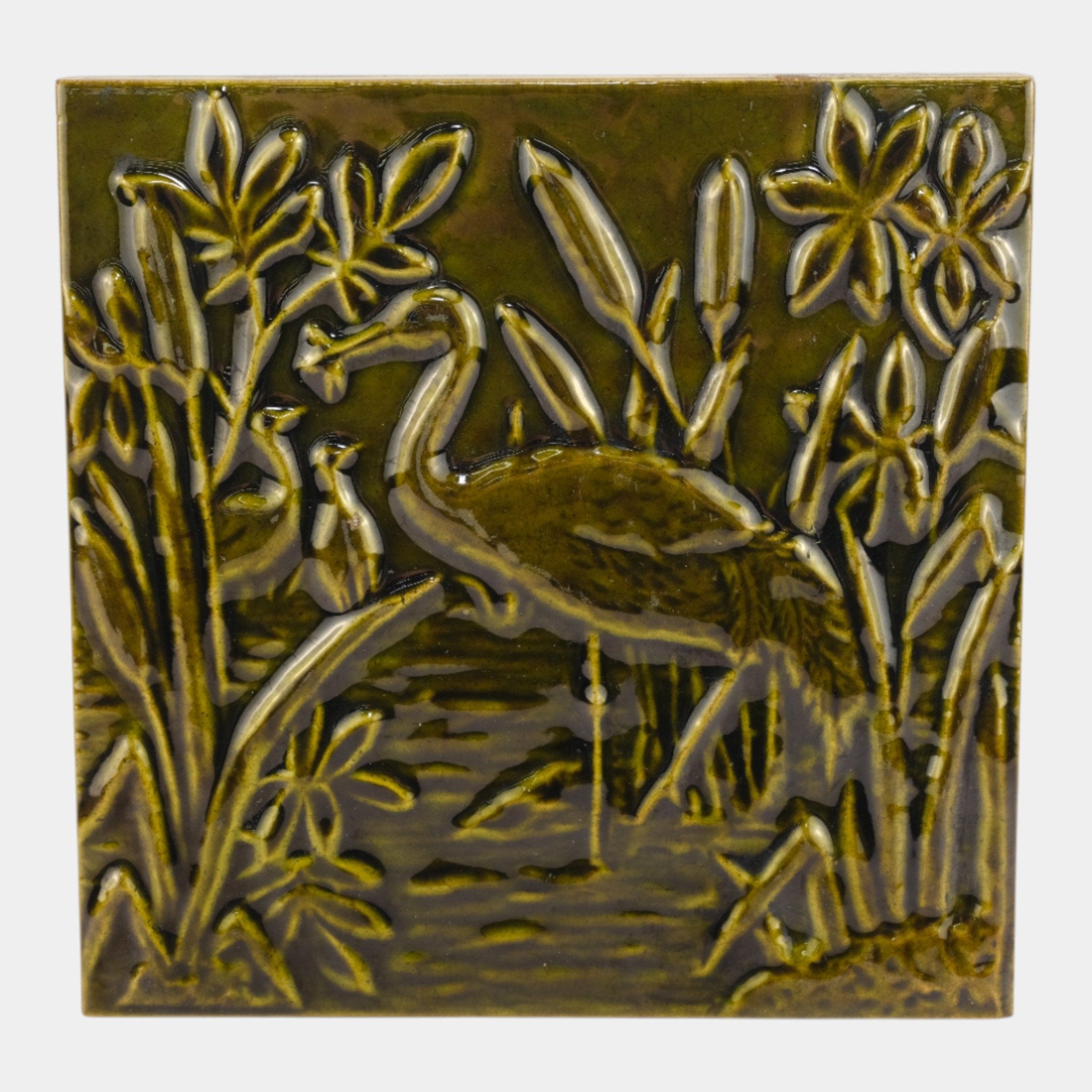 Godwin English Art Pottery Green Glazed Heron Scenic Marsh Tile In Rel ...