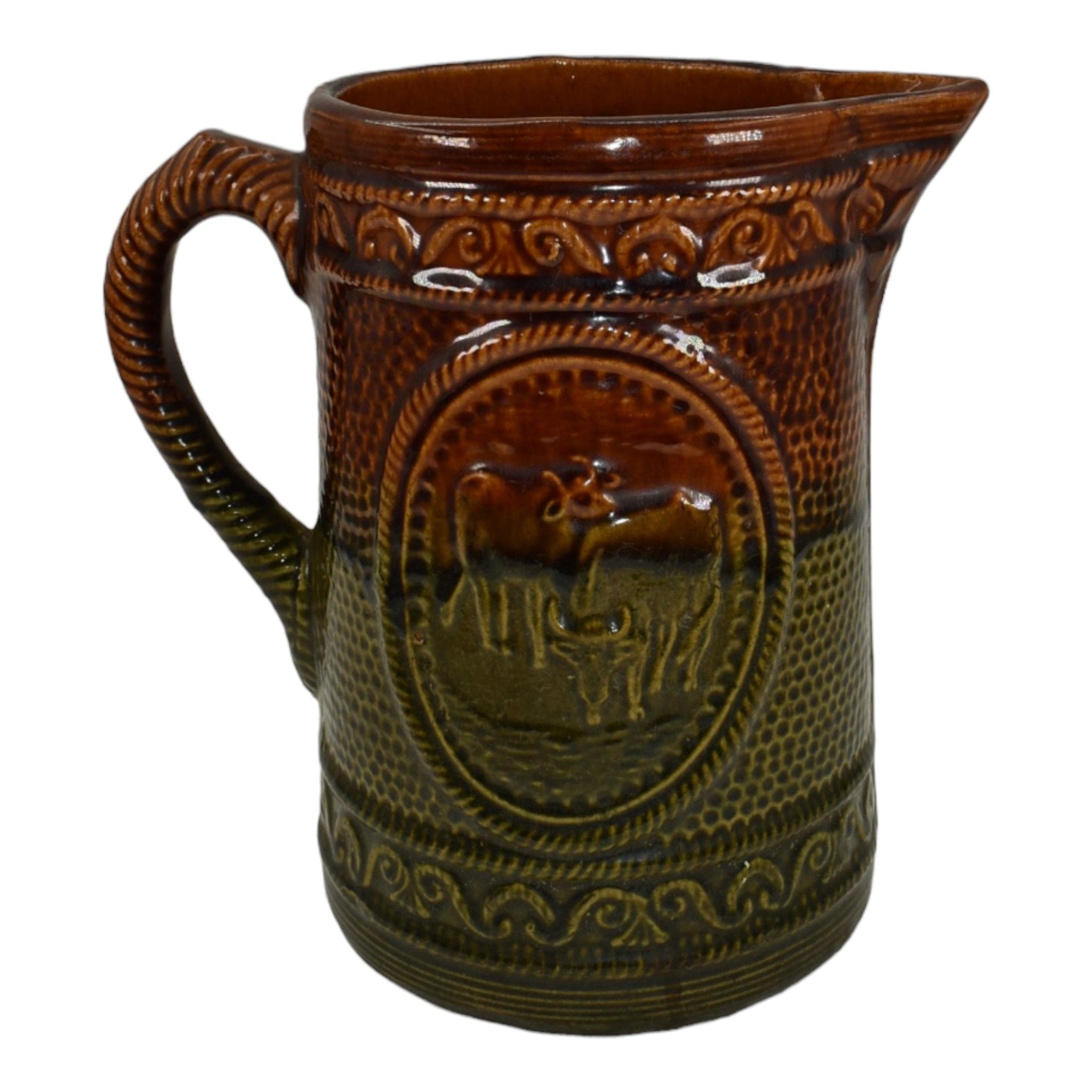 Vintage Stoneware Art Pottery Brown Green Longhorn Cow Decorated Utili ...