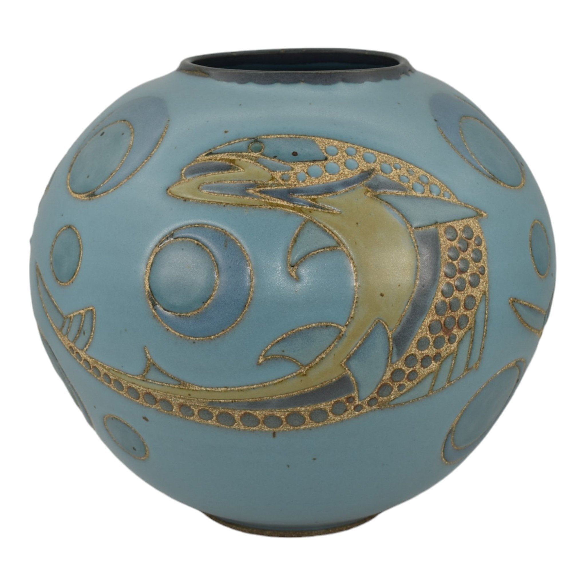 Kurt Wild Studio Art Pottery Hand Made Swimming Fish Blue Ceramic Vase ...